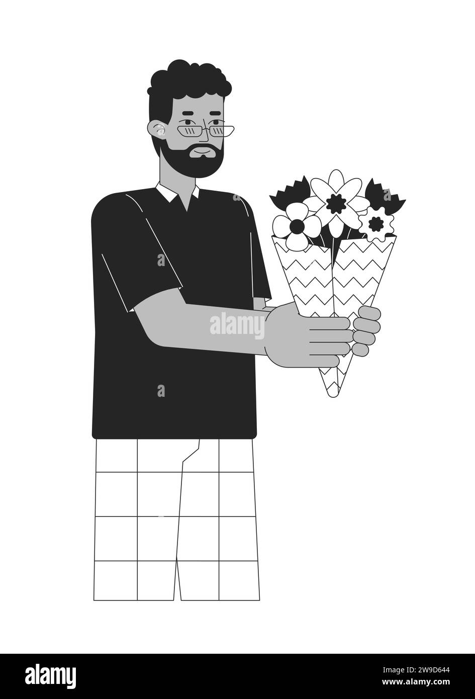 African american man holding bouquet of flowers black and white 2D line cartoon character Stock ...