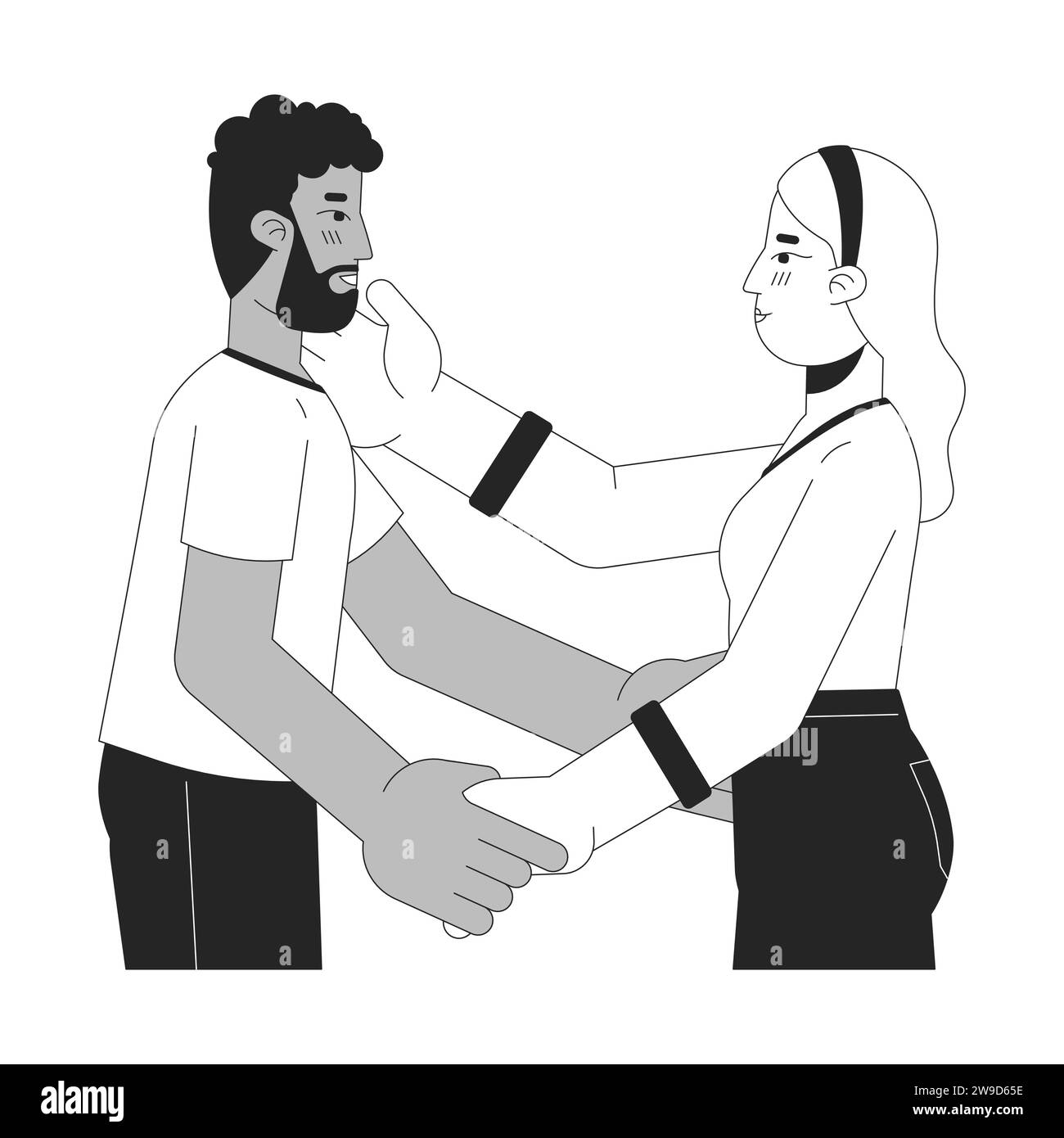 Interracial heterosexual lovers embrace black and white 2D line cartoon ...