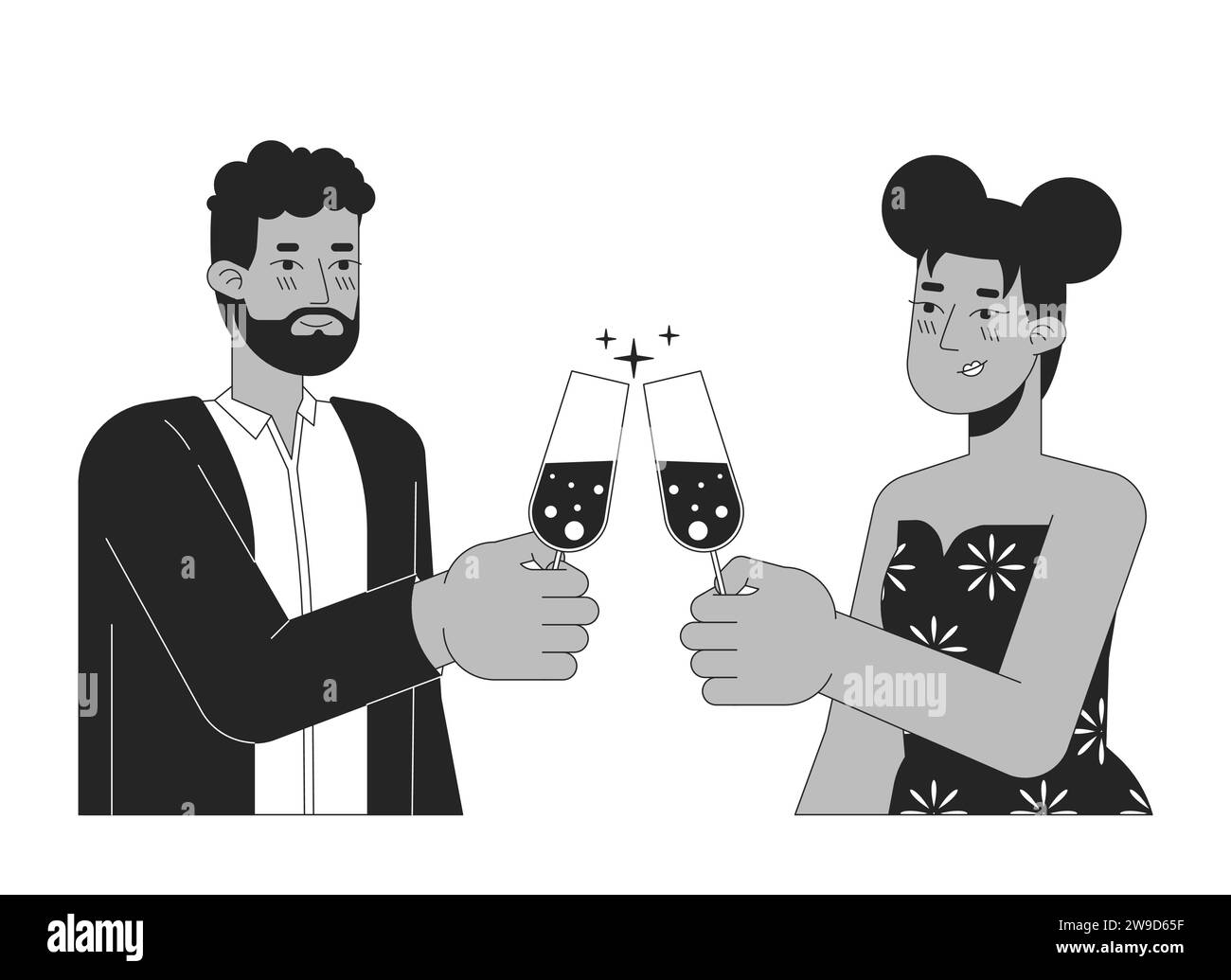 African American Couple Clinking Glasses Black And White 2d Line