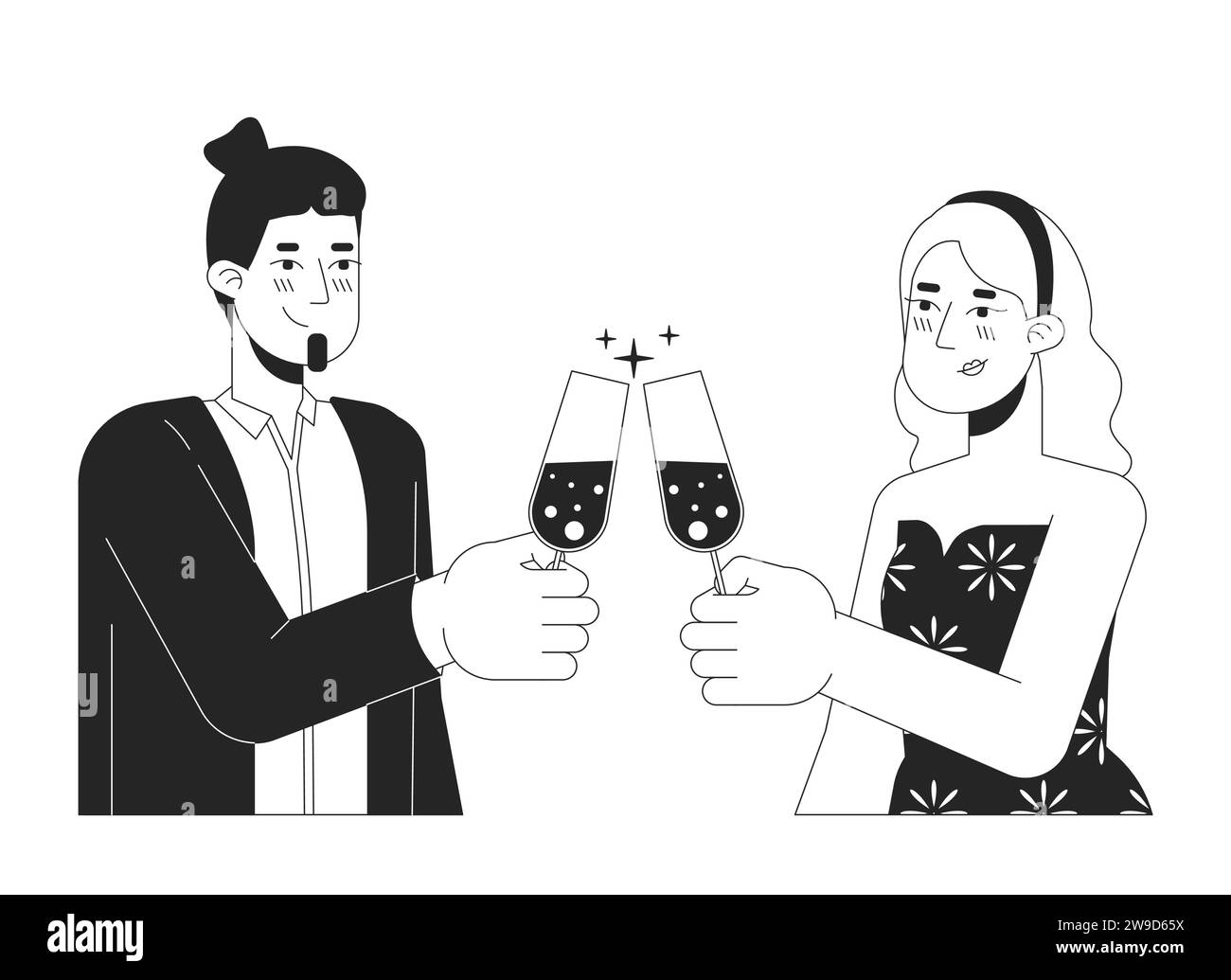Caucasian white couple clinking glasses black and white 2D line cartoon characters Stock Vector ...