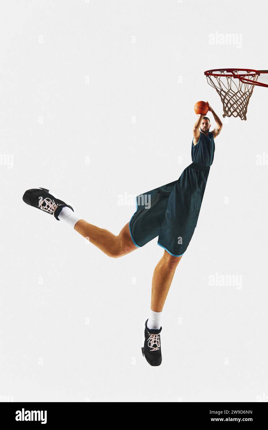 Contemporary art collage. Athletic man, basketball player with long ...