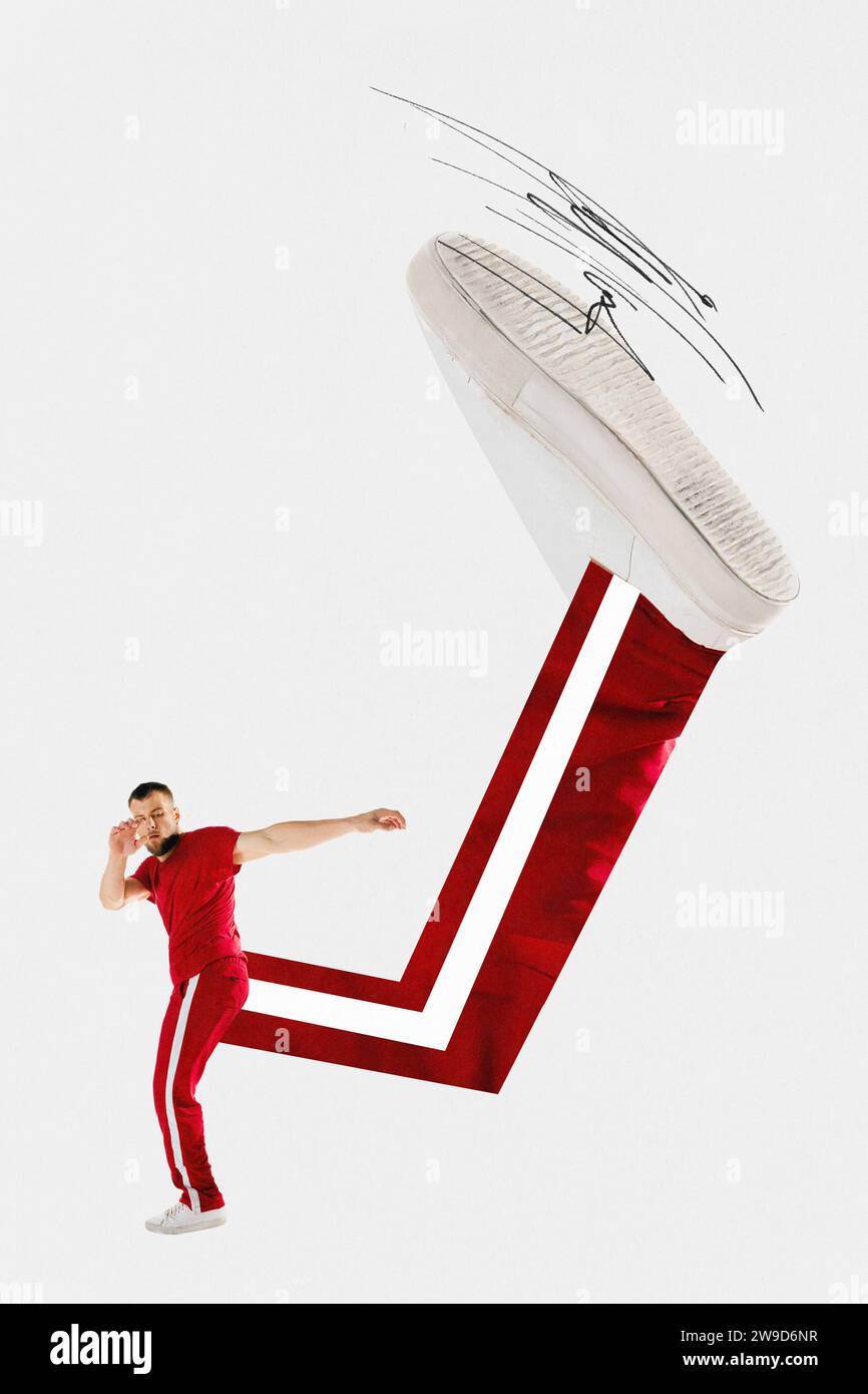 Contemporary art collage. Young athlete man, dancer with long legs ...