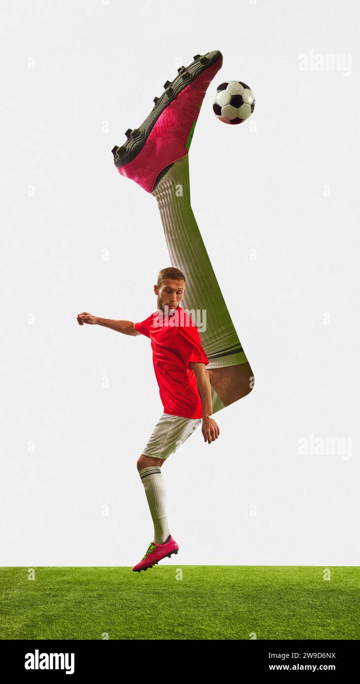 Contemporary art collage. Confident young guy, professional football ...
