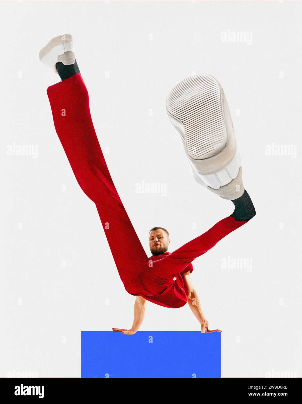 Contemporary art collage. Young athlete man, break-dancer doing ...