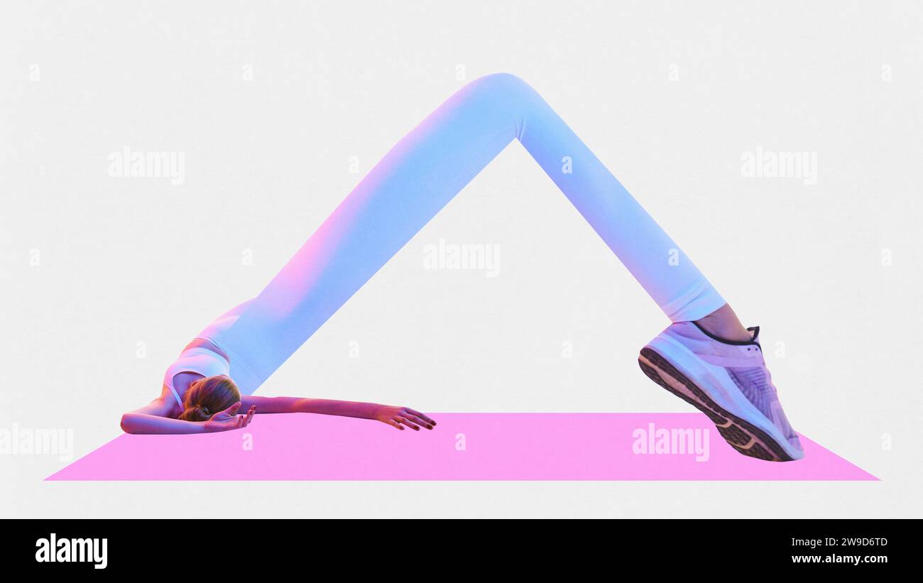 Contemporary art collage. Young female model stretching, doing ...