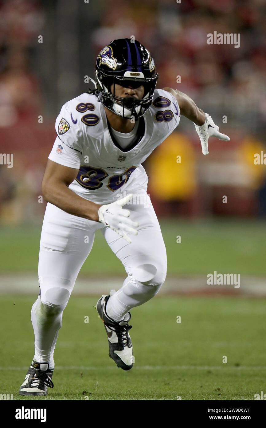 Baltimore Ravens tight end Isaiah Likely (80) runs during an NFL ...