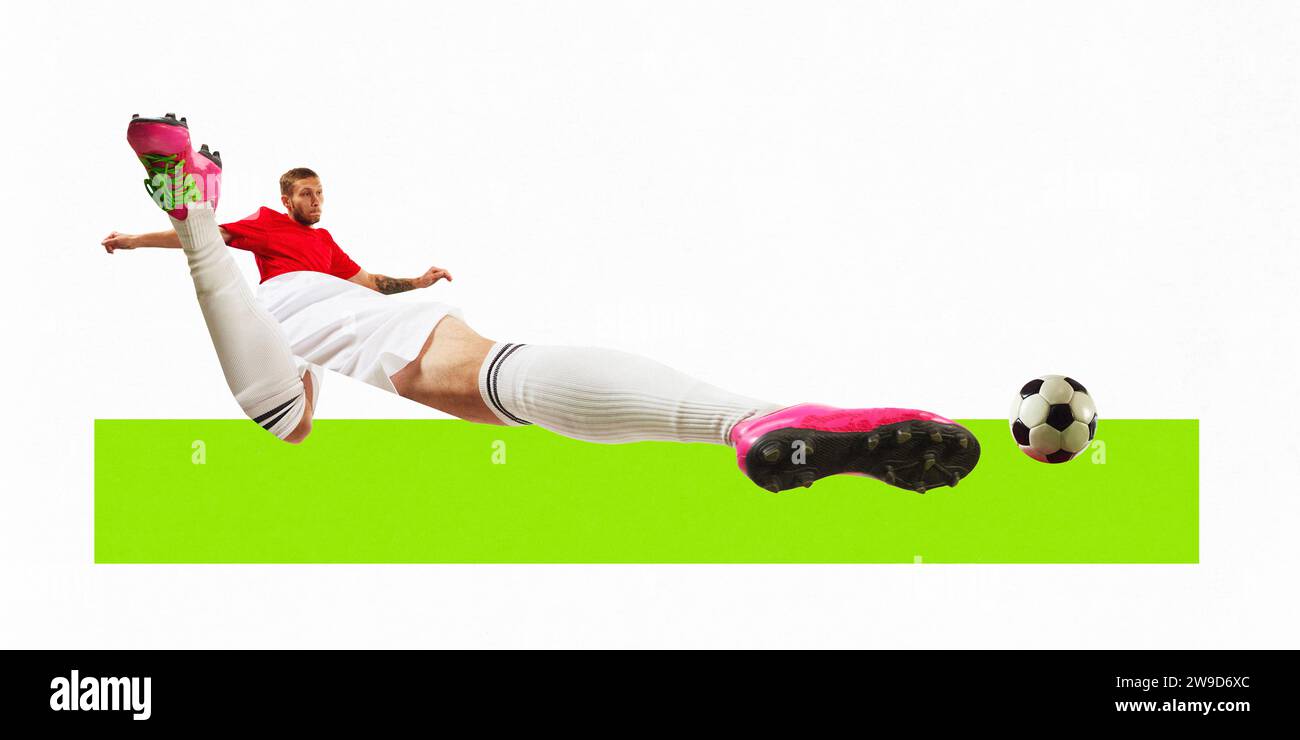 Contemporary art collage. Professional soccer player with long leg hits ...