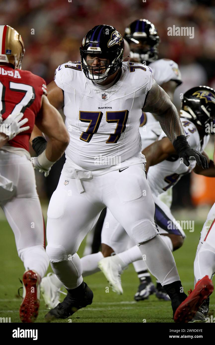 Baltimore Ravens offensive tackle Daniel Faalele (77) blocks on the ...