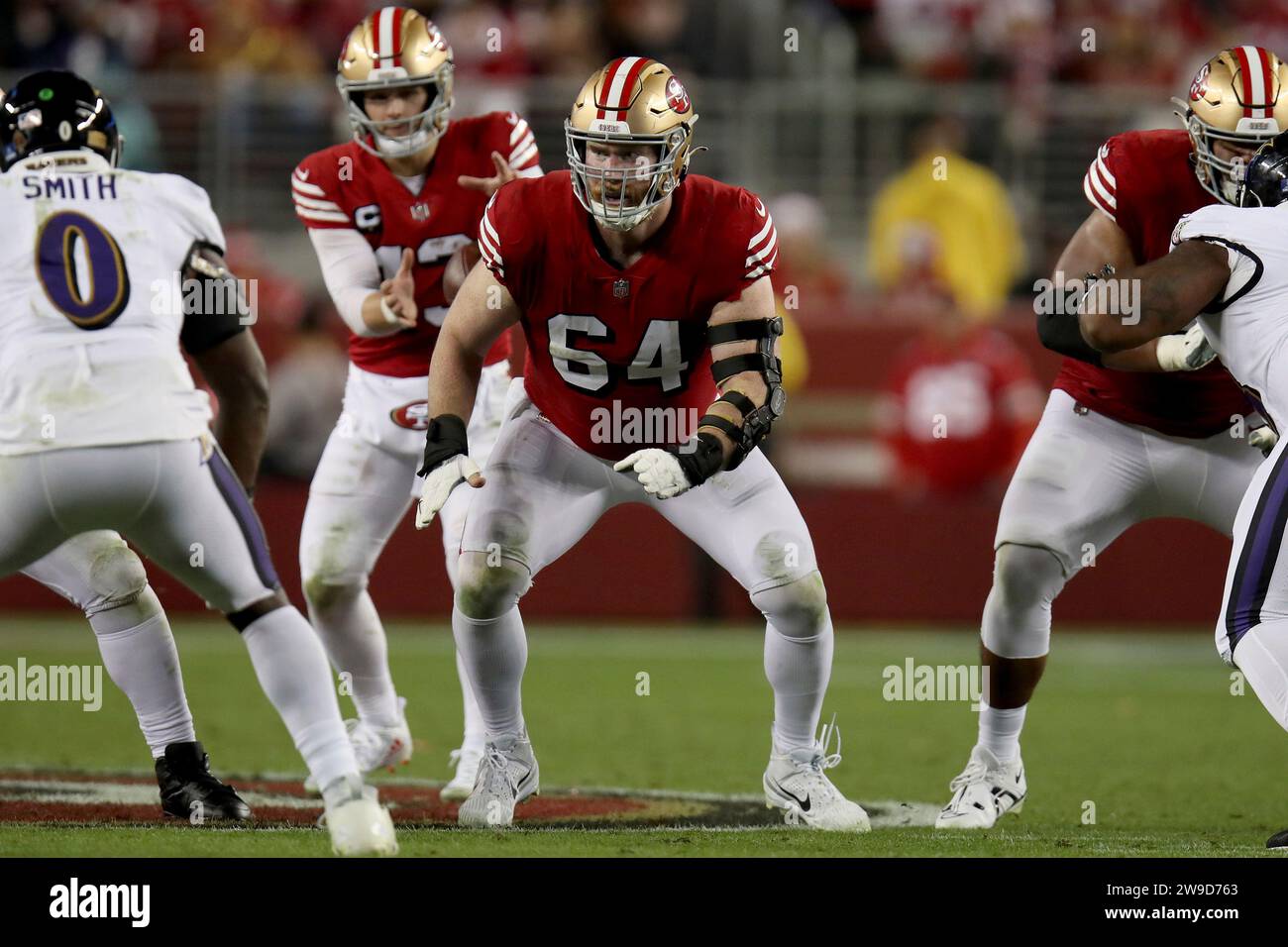 San Francisco 49ers center Jake Brendel (64) blocks during an NFL ...