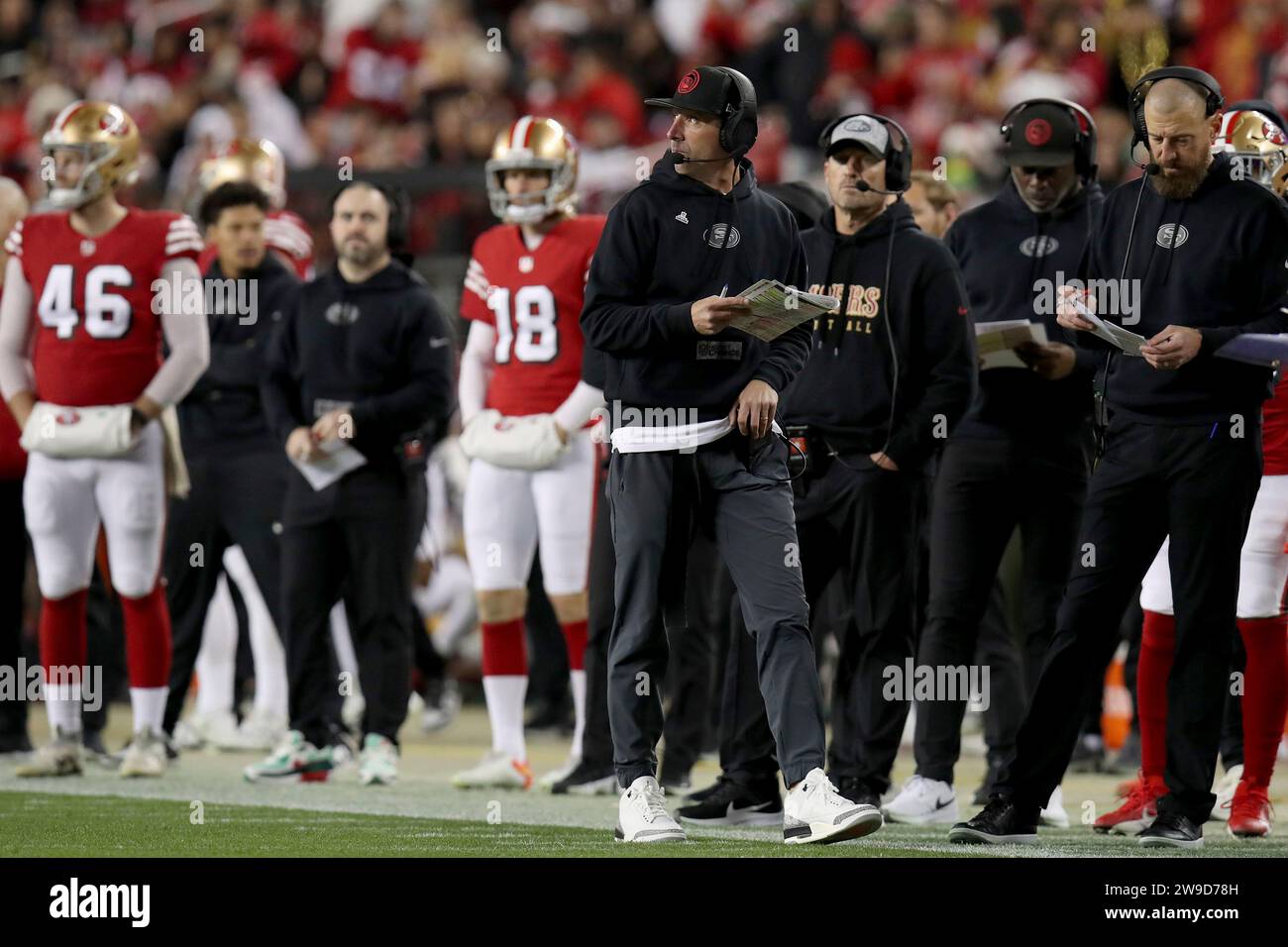 San Francisco 49ers head coach Kyle Shanahan walks up the sideline ...