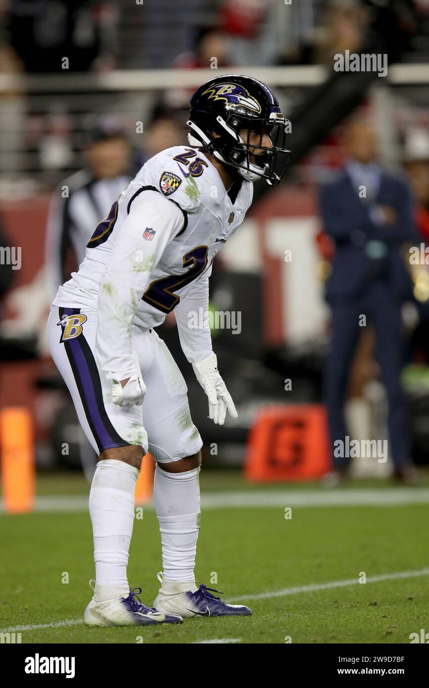 Baltimore Ravens safety Geno Stone (26) stands on the field during an ...