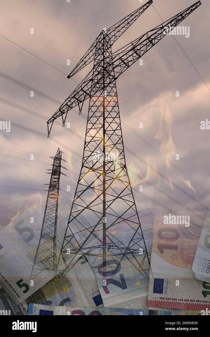 High-voltage pylons with a cloudy sky. Burning banknotes as a symbol of ...