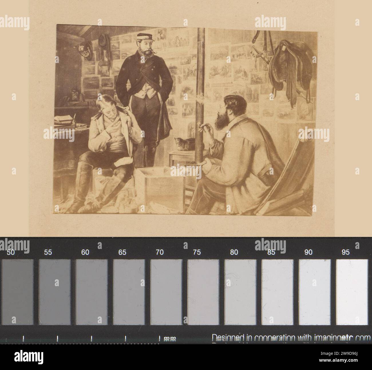 Photo production of a painting of an interior with three men who smoke ...