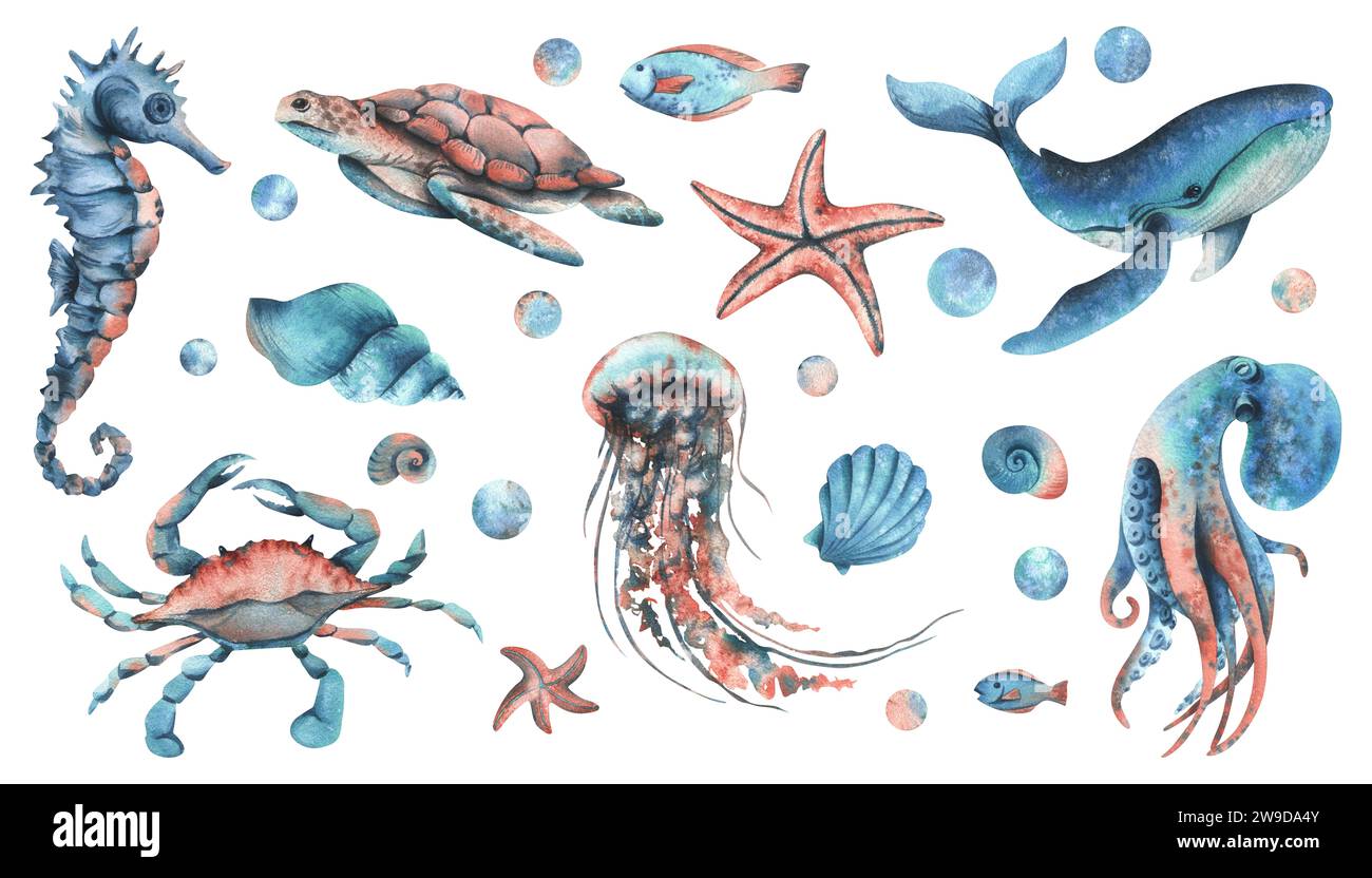 Underwater world clipart with sea animals whale, turtle, octopus ...