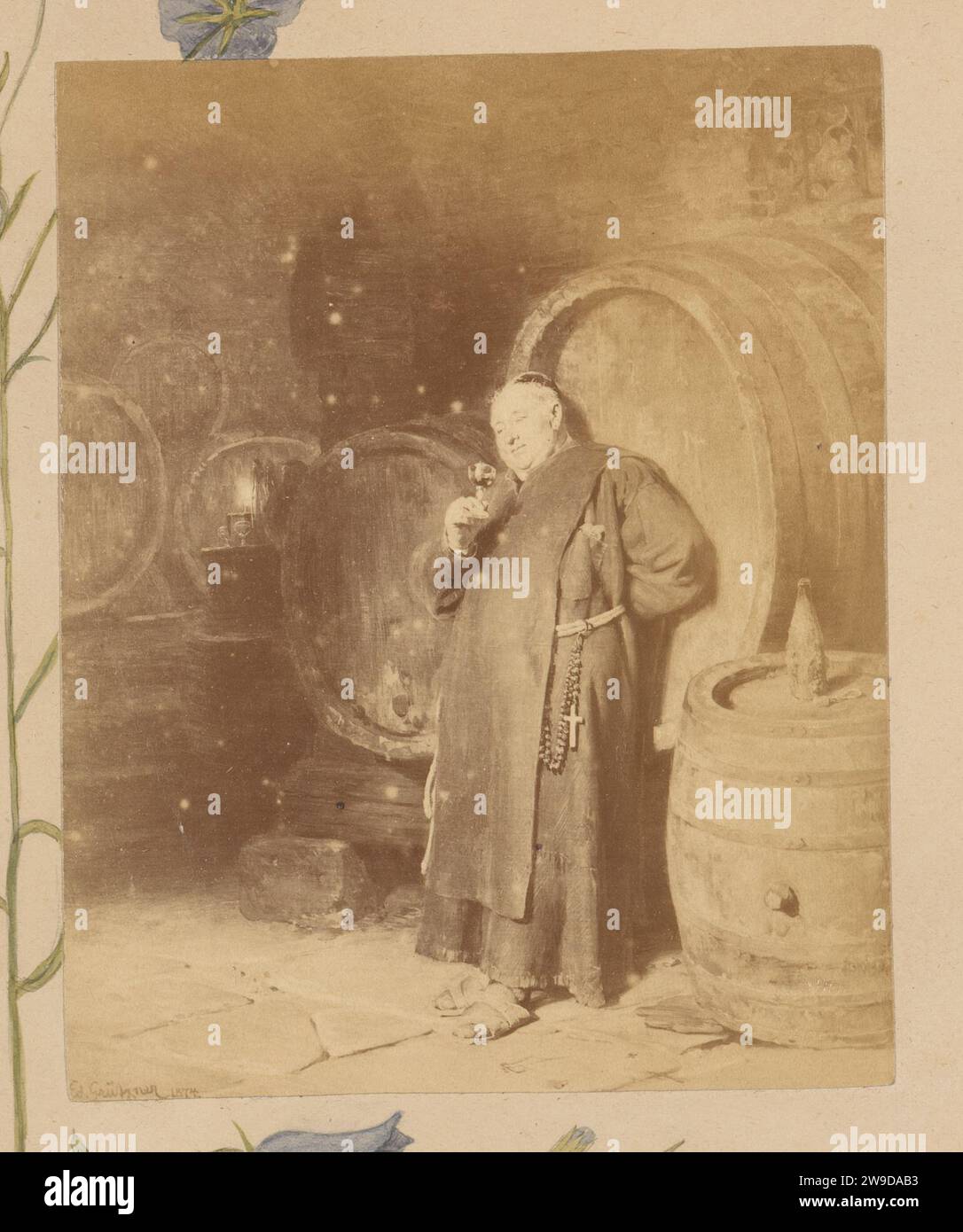 Photo production of a painting with a monk drinking wine in a wine ...