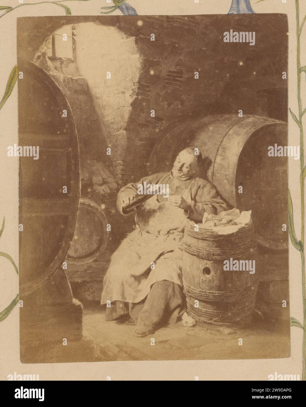 Photo production of a painting with a monk drinking wine at a wine ...
