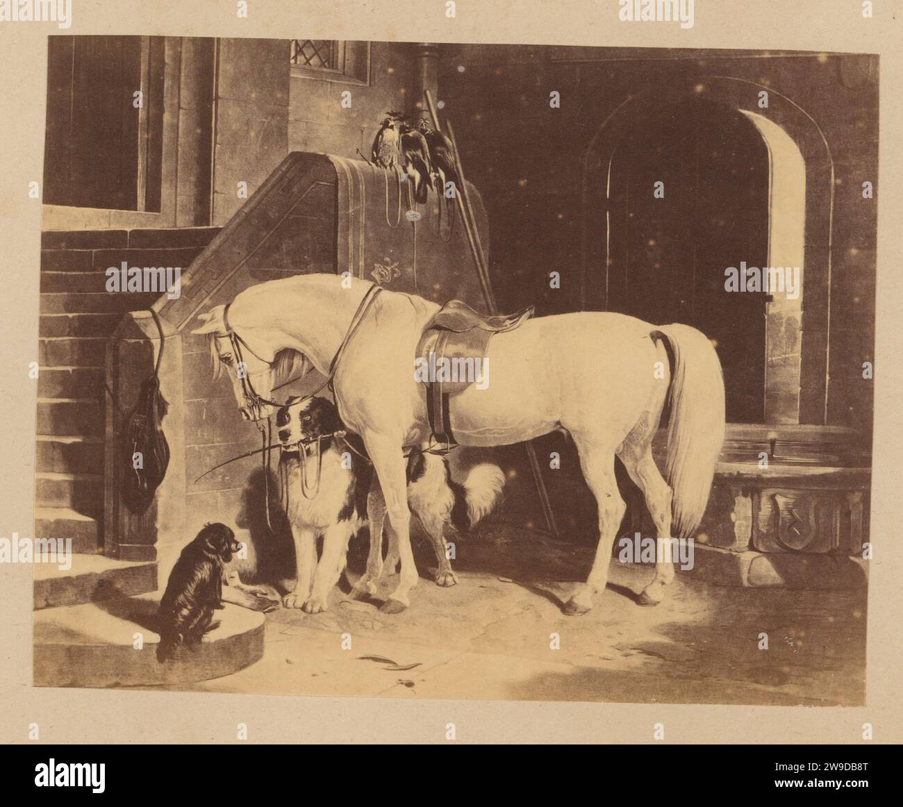 Photo production of a painting of a courtyard with a horse, hunting ...