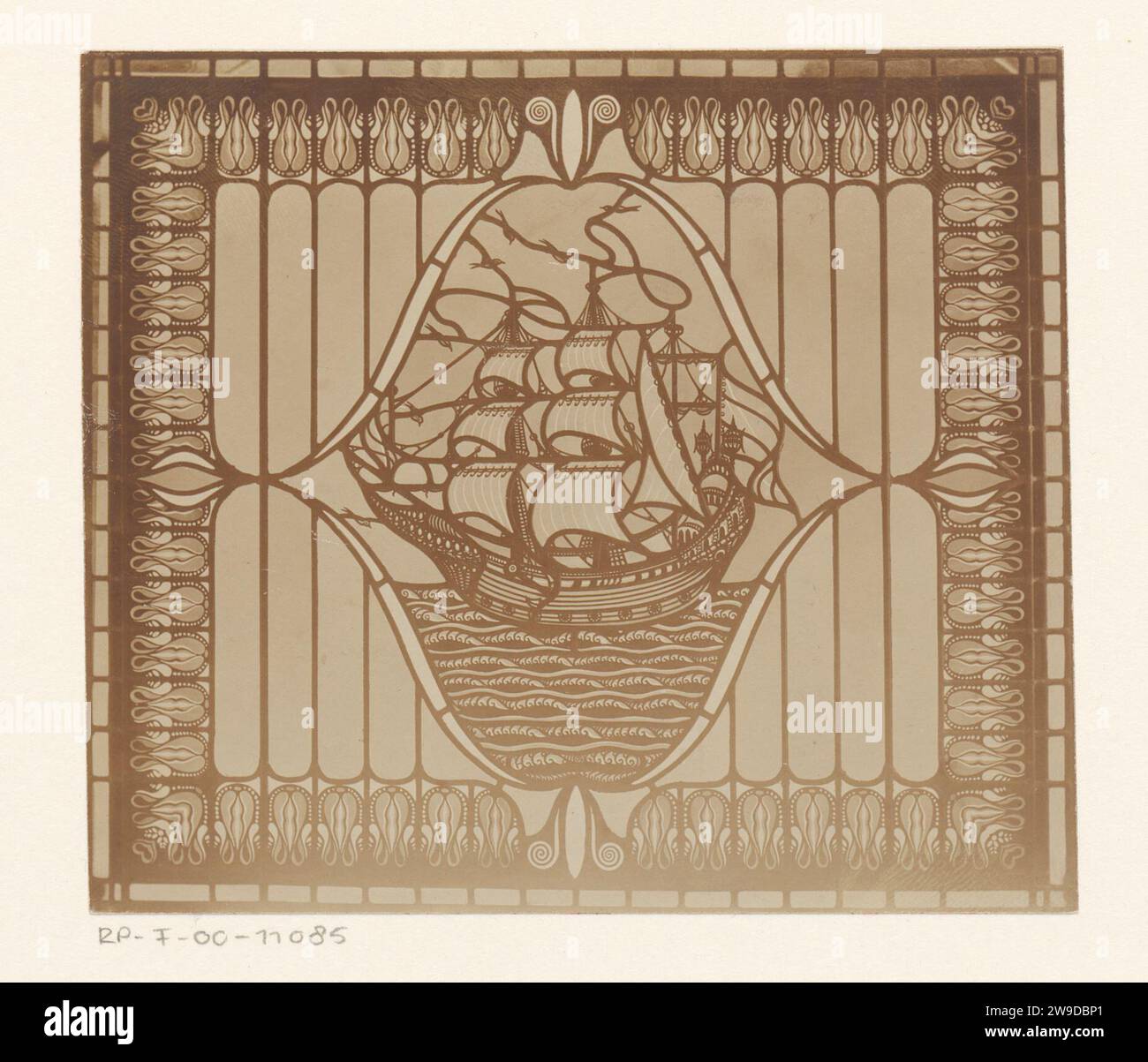 Stained glass window with a sailing ship at sea, Anonymous, in or after ...