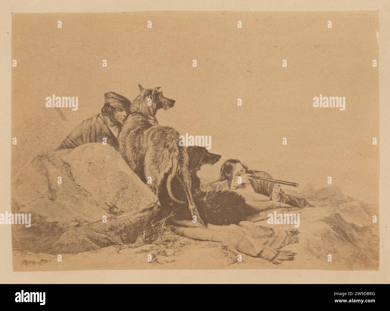 Photo production of a print with two men with dogs and binoculars, 1875 ...