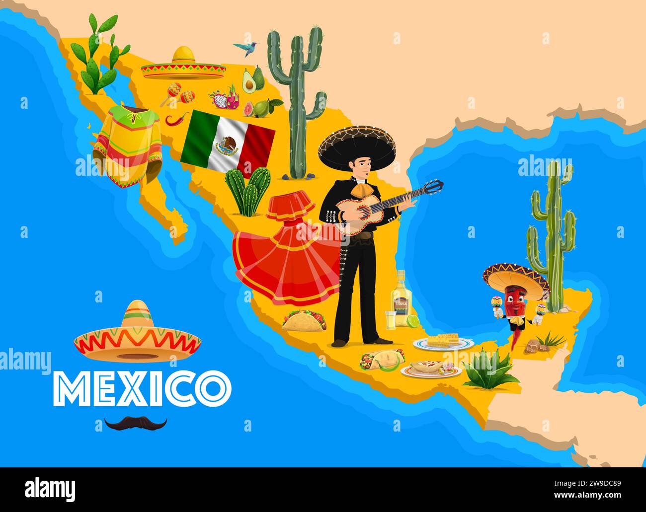 Mexico map with national characters, cuisine, fruits and plants, vector ...
