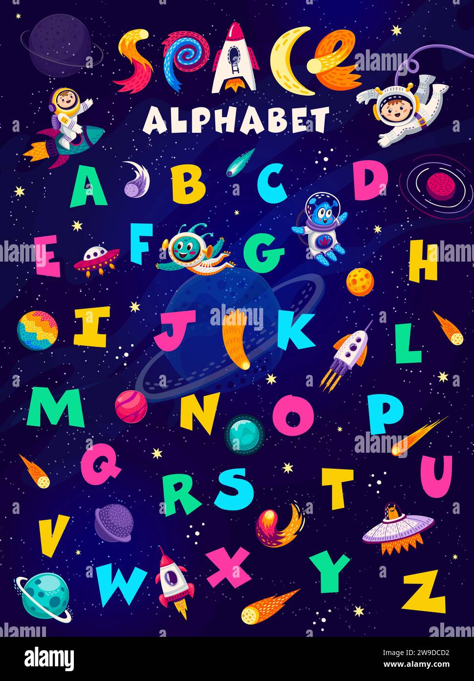 Cartoon space alphabet vector poster. Kid astronauts and aliens ...