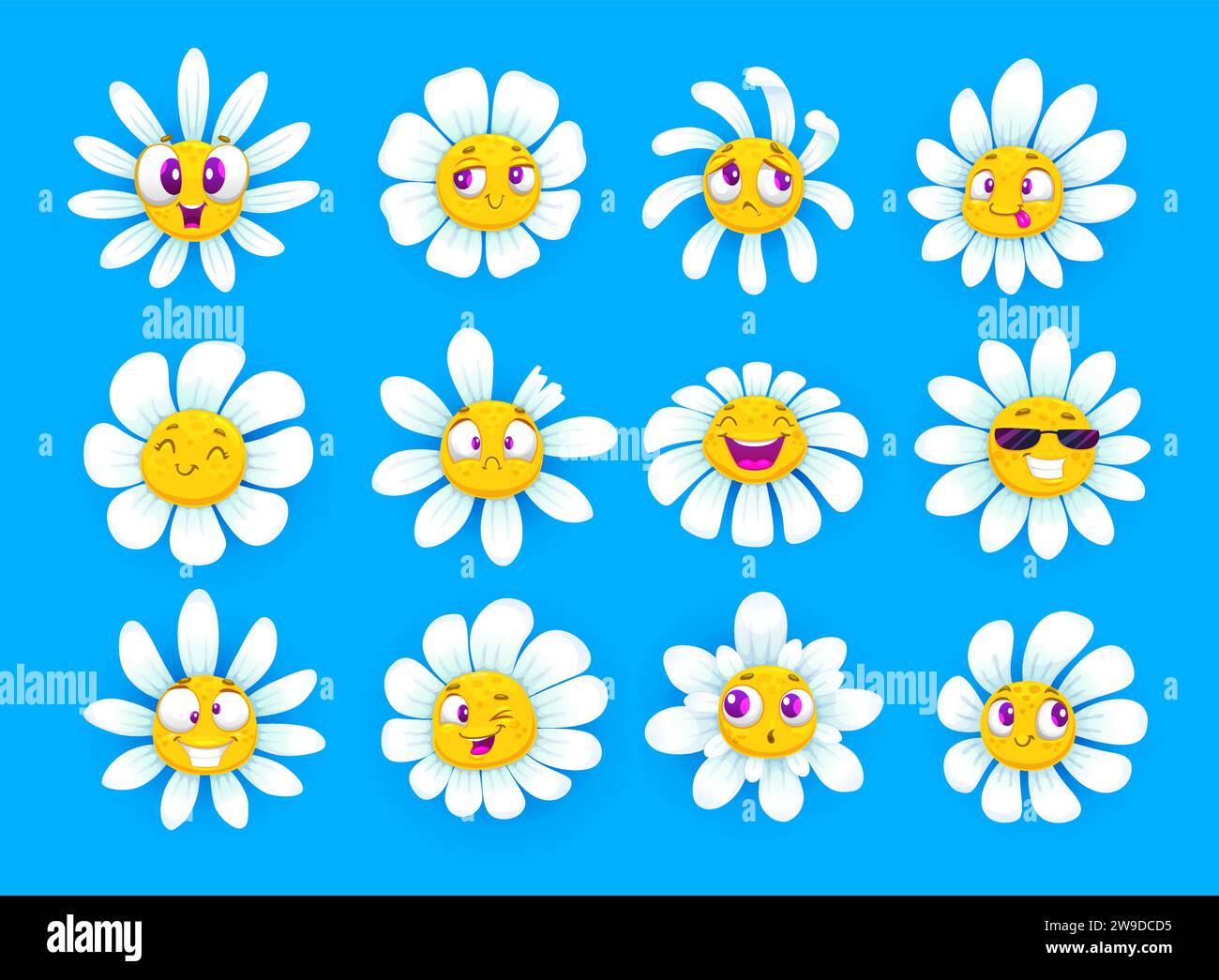 Cartoon chamomile flower characters with funny faces. Daisy flowers ...