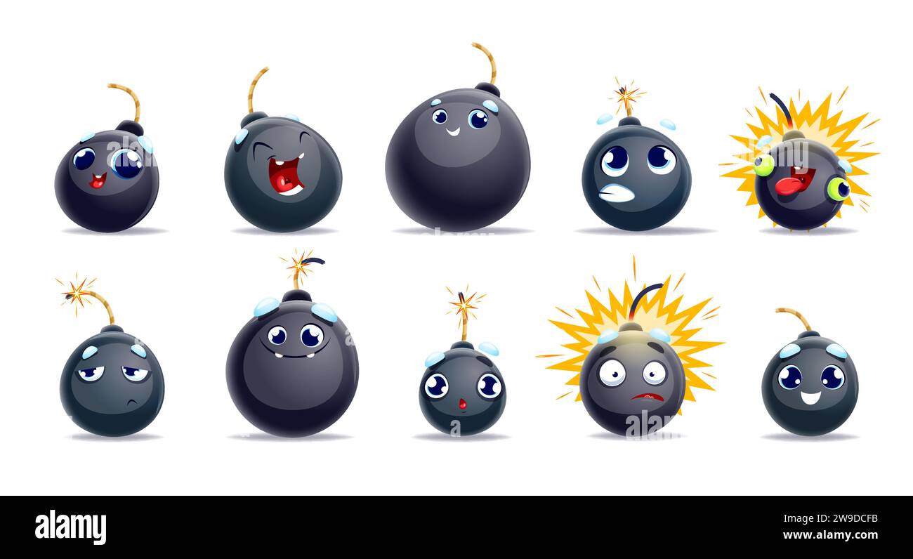 Cartoon bomb characters with wick or fuse. Explosive, weapon personages ...