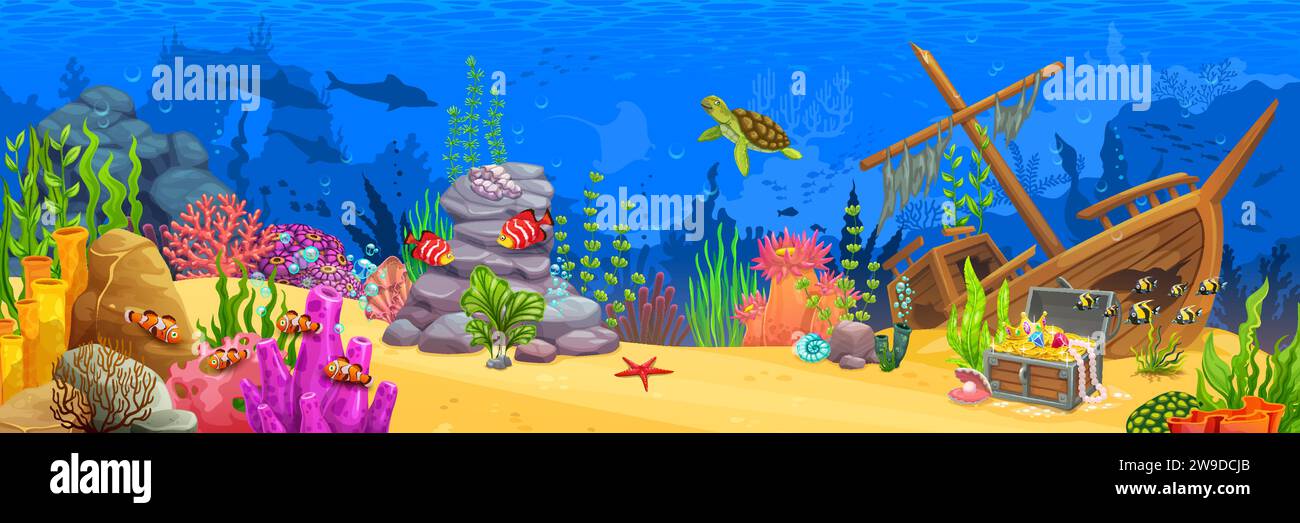 Underwater cartoon landscape. Animals, fish, seaweeds and corals ...