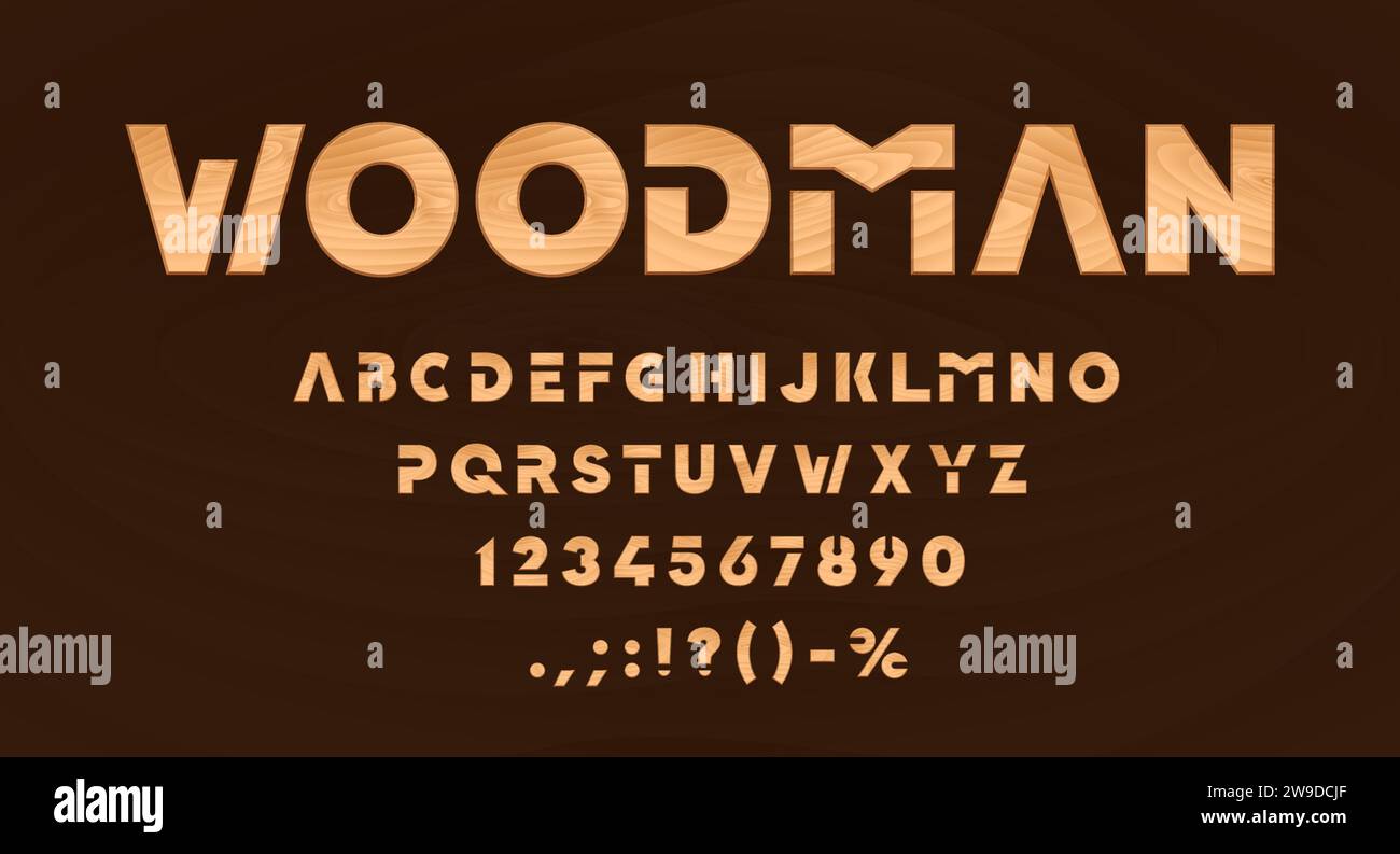 Furniture font, wooden type, timber alphabet, oak or pine tree texture ...