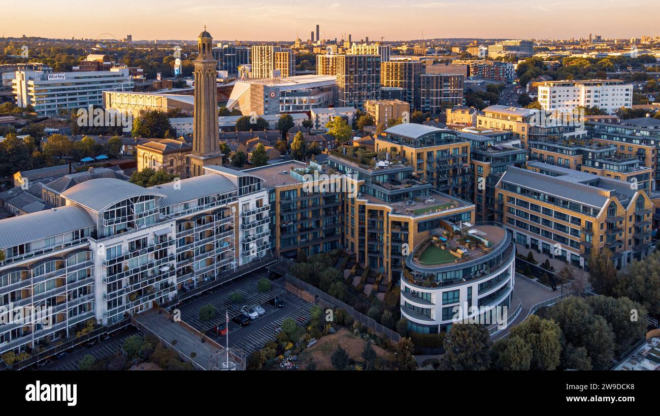 An aerial view of a bustling cityscape of London at dusk with the ...