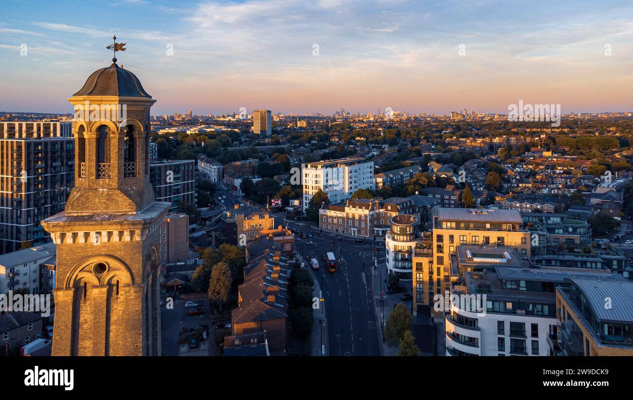 An aerial view of a bustling cityscape of London at dusk with the ...