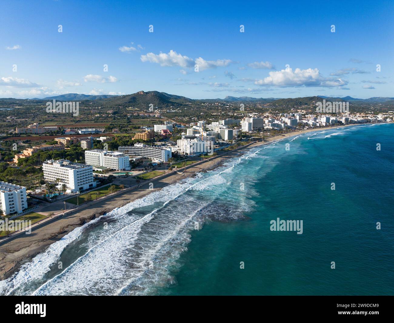 Aerial view of Cala Millor. Turistic town in Majorca, Balearic Islands ...
