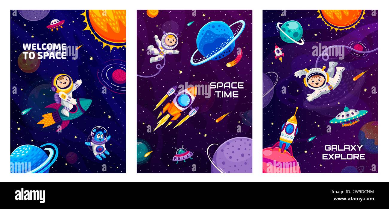 Cartoon space posters. Astronauts, spaceship and rocket, alien and ufo ...