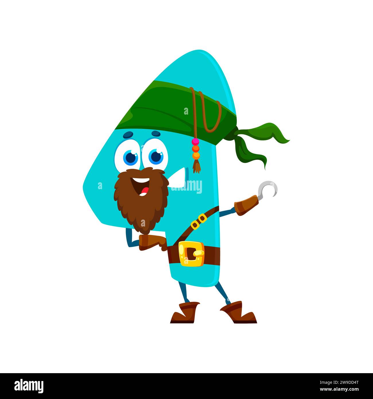 Cartoon funny number 4 pirate or corsair character with hook hand, isolated vector. Number four ...