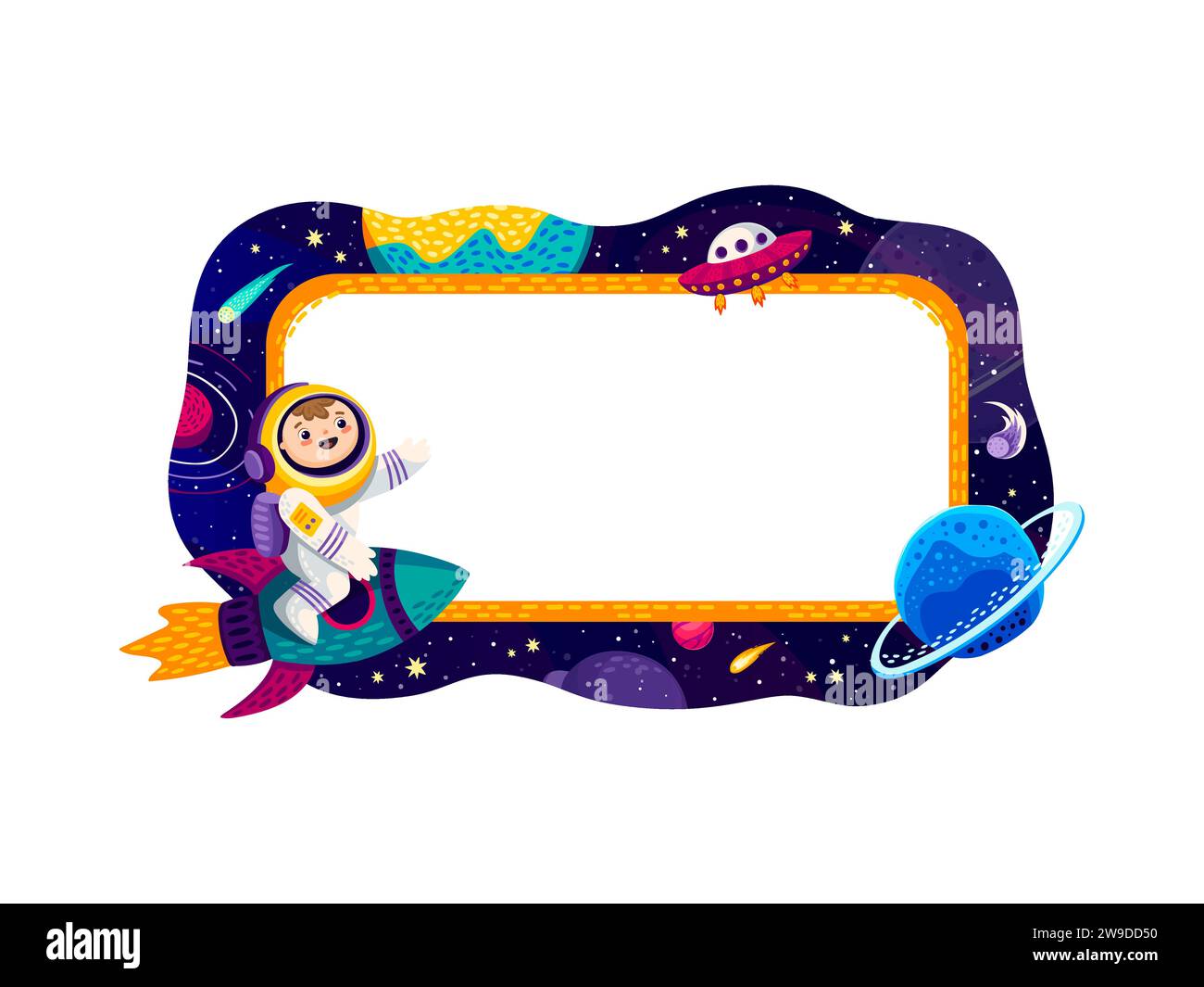 Border frame with space planets, stars, spaceship and astronaut at ...