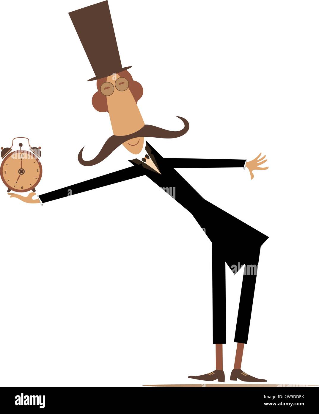 Cartoon man in the top hat holding alarm clock. Comic long mustache man ...
