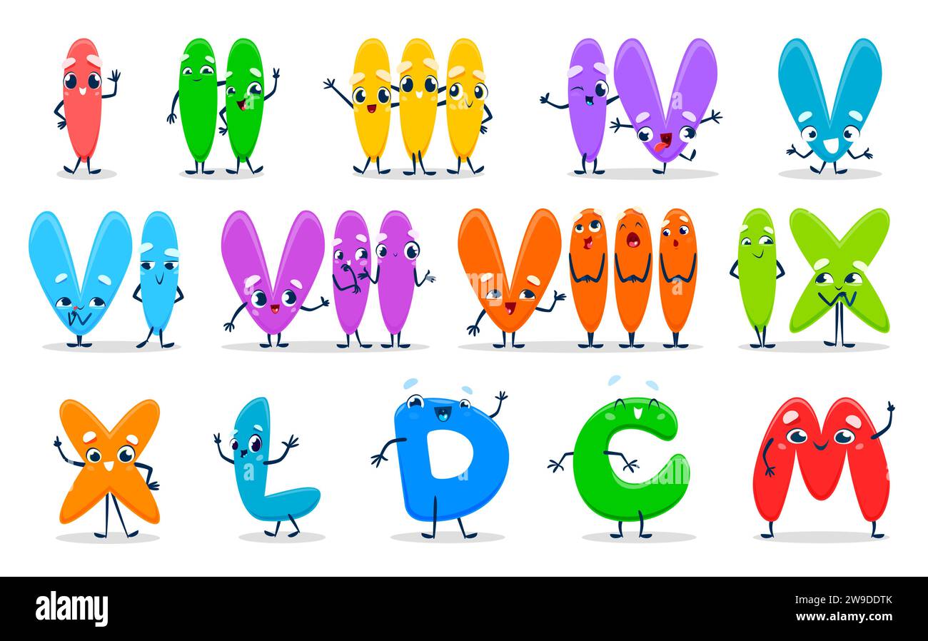Roman numeral or number characters. Cartoon numerical system personages ...