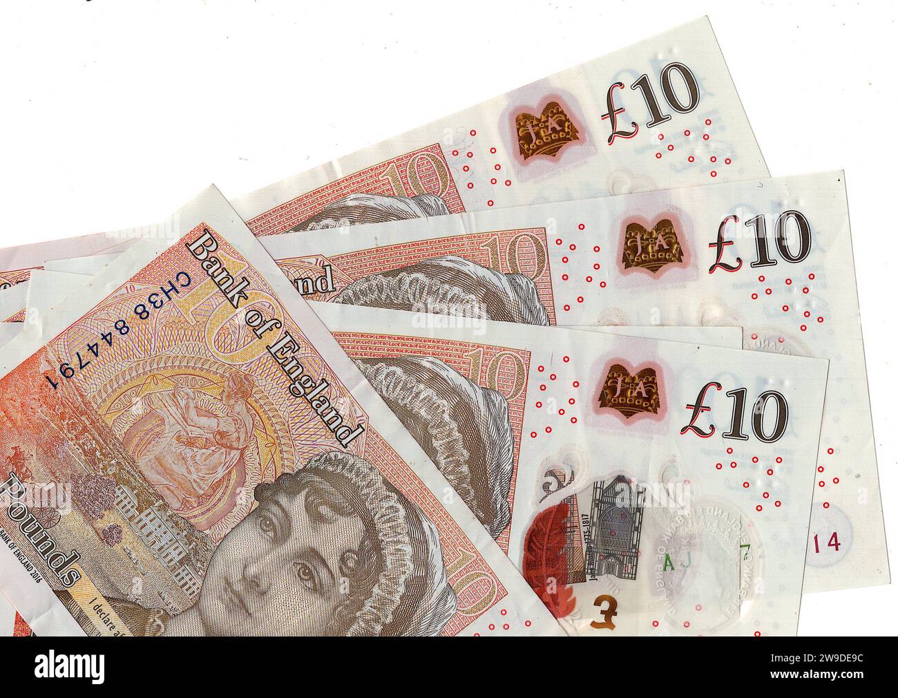 Ten pound notes featuring a portrait of Jane Austen from the United ...