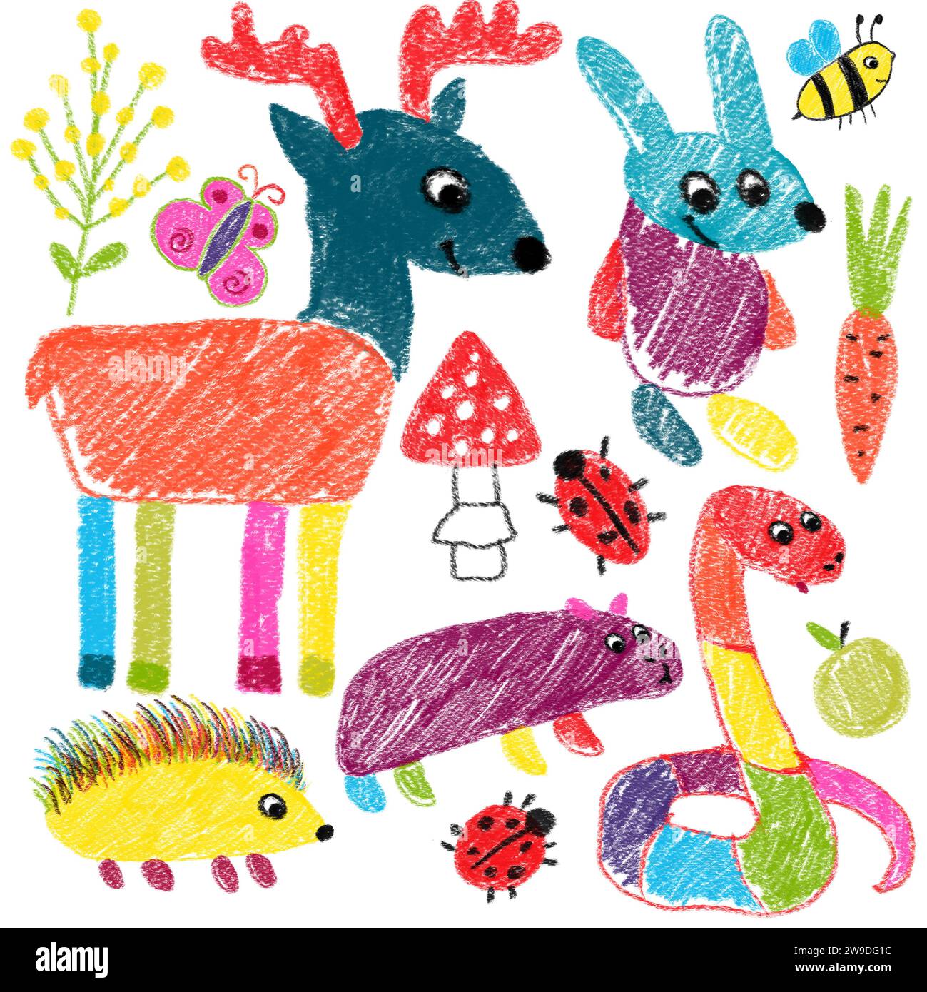 Hand-drawn children's animals on a white background. Forest deer, hare ...