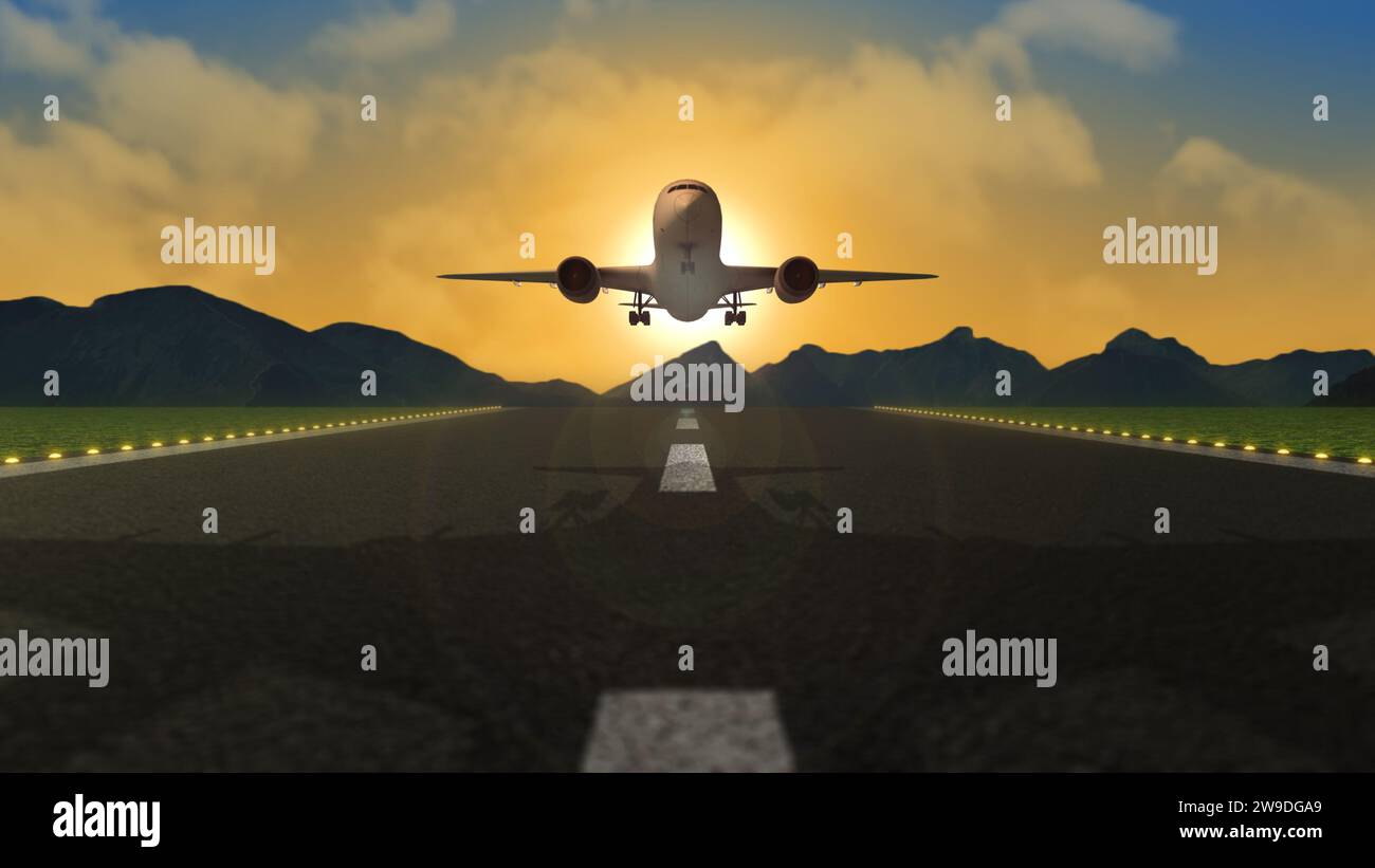 Airplane taking off over the runway with sun Stock Photo - Alamy