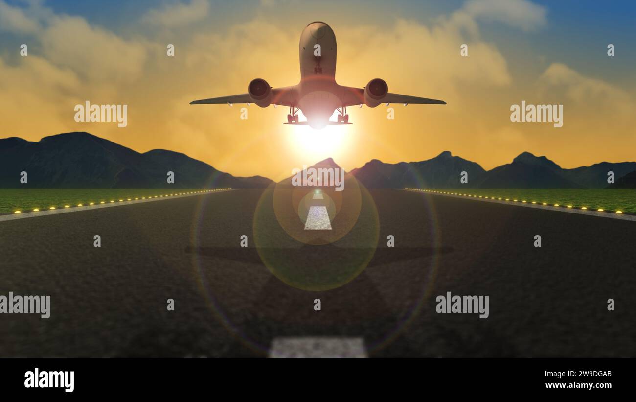 Airplane taking off over the runway with sun Stock Photo - Alamy