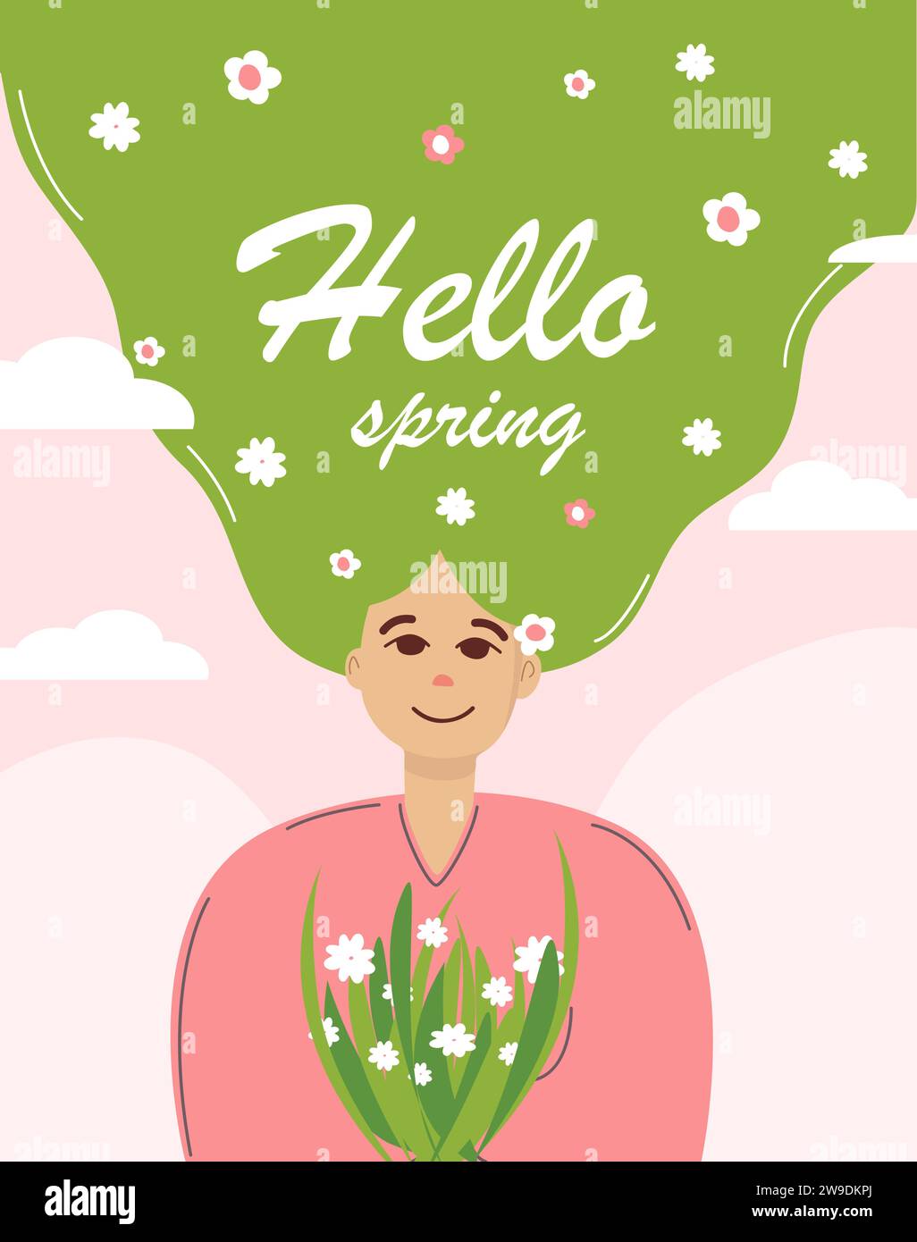 Hello spring banner with a girl and flowers in bright spring colors ...