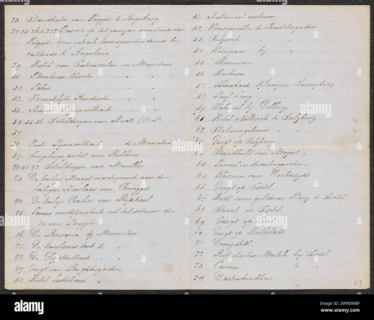 List of photo descriptions (nos. 23 to 74), c. 1865 paper Handwritten ...