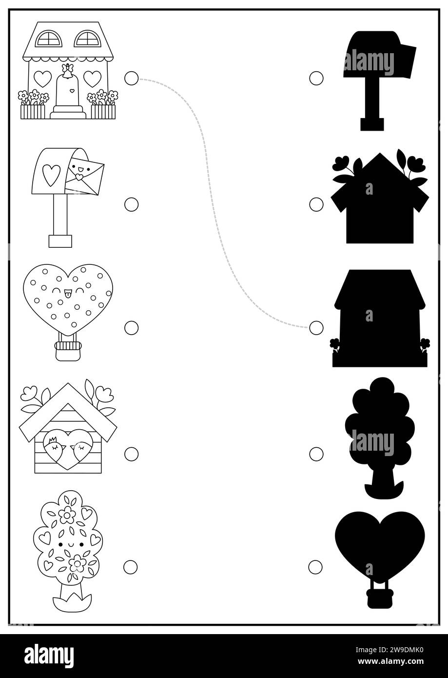 Saint Valentine black and white shadow matching activity. Love holiday ...