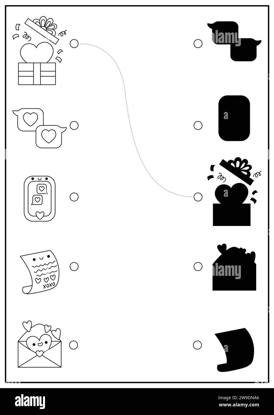 Saint Valentine black and white shadow matching activity. Love holiday ...