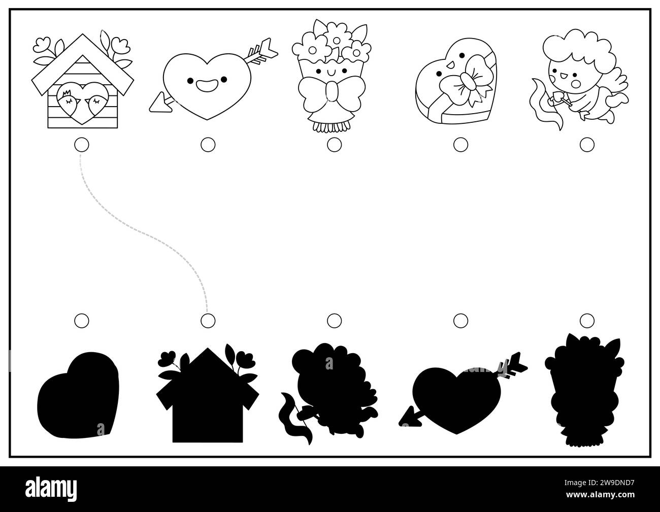 Saint Valentine black and white shadow matching activity. Love holiday ...