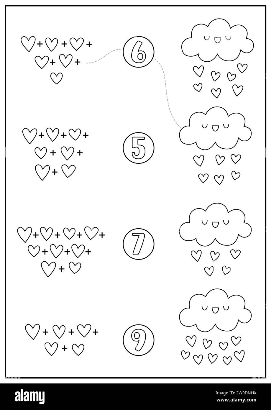 Saint Valentine black and white matching game with cute kawaii clouds ...
