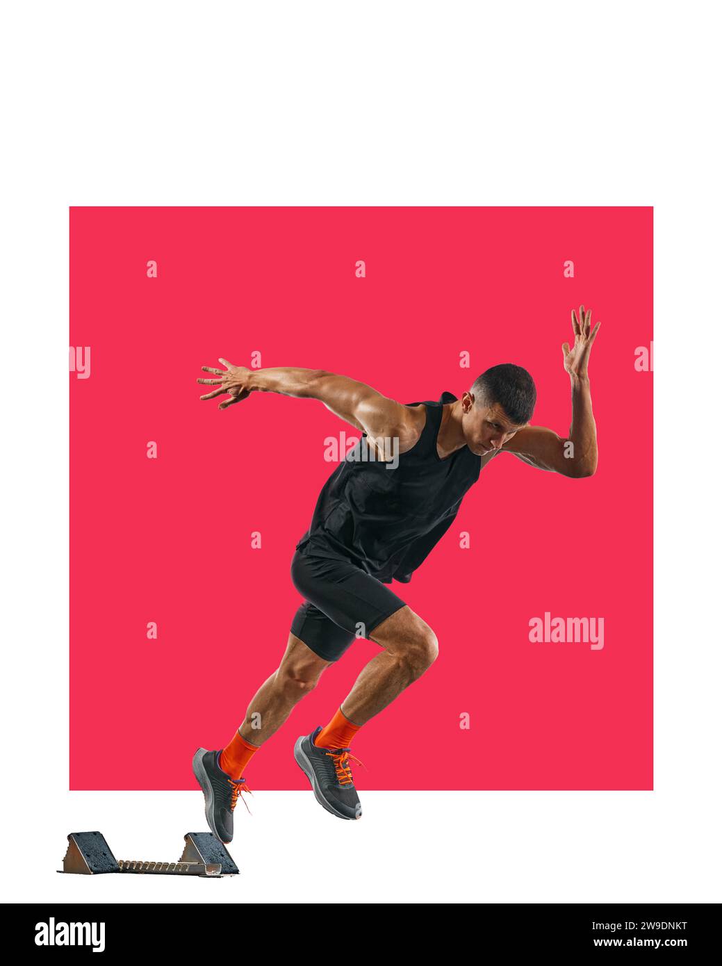 Poster. Dynamic portrait of young sportsman, professional runner runs ...