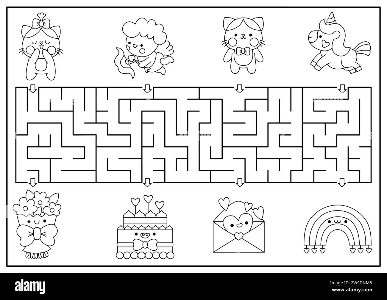 Saint Valentine black and white maze for kids. Love holiday line ...