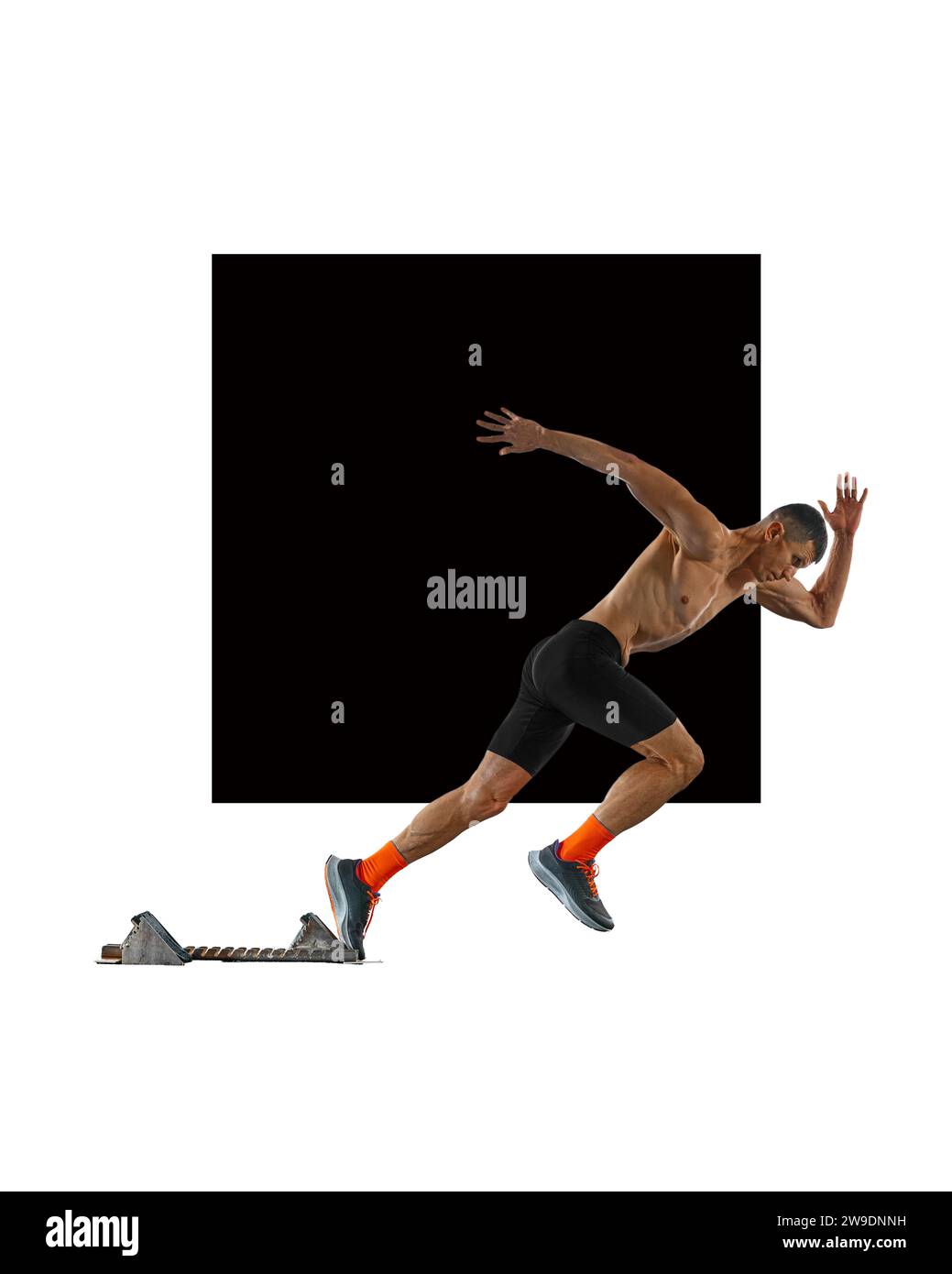 Poster. Young athletic sportsman, professional runner quickly breaks ...